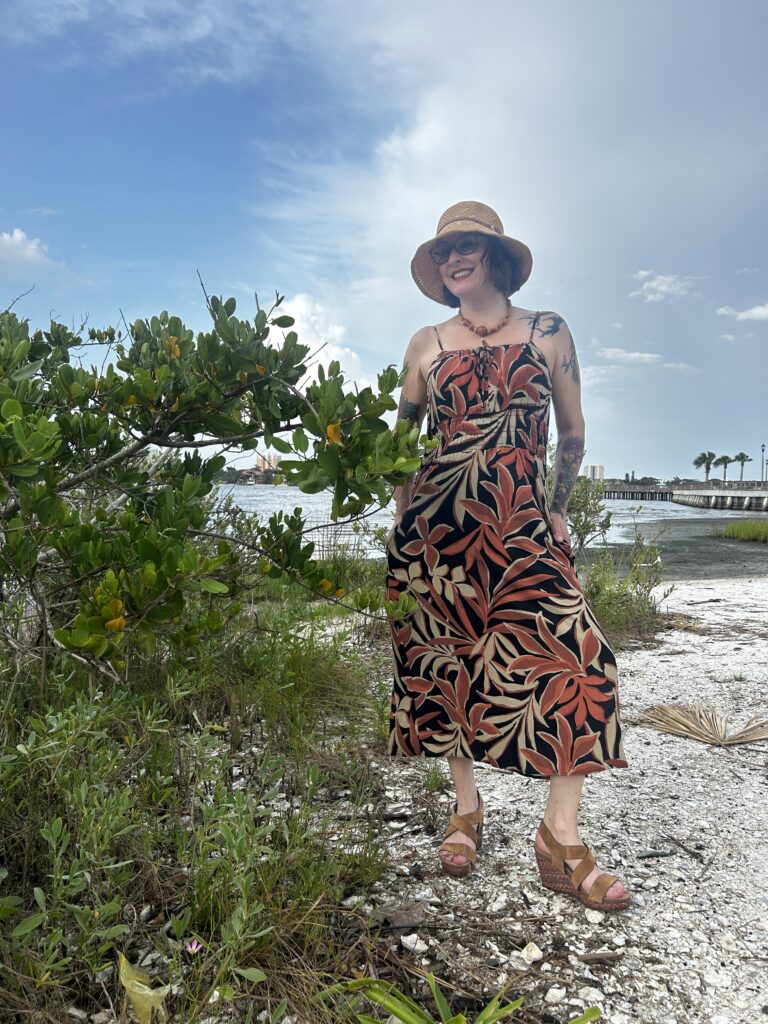 Tropical leaves pattern- Tunnel Shoulder smocked midi dress (S,M,L ...
